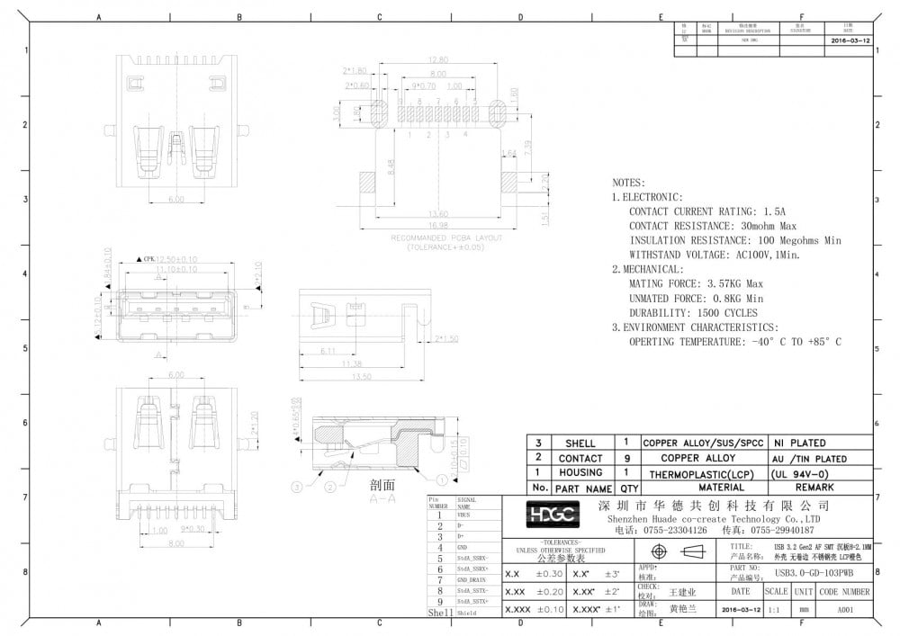 USB3.0-GD-103PWB technical drawing