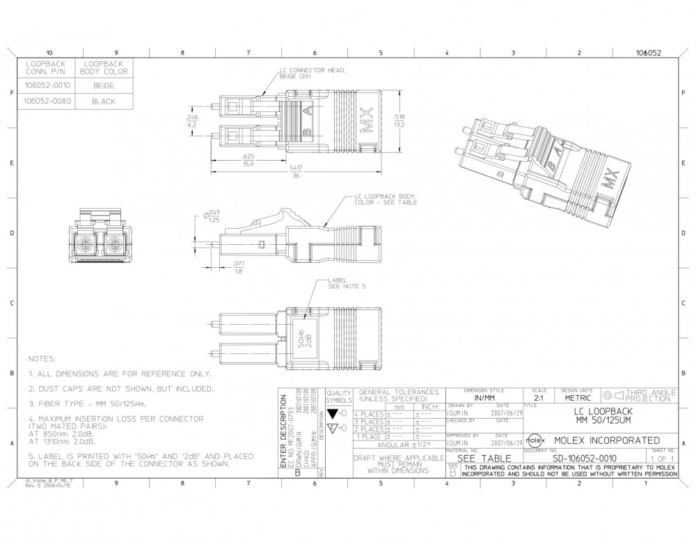 106052-0010 multimode loopback connector technical drawing preview