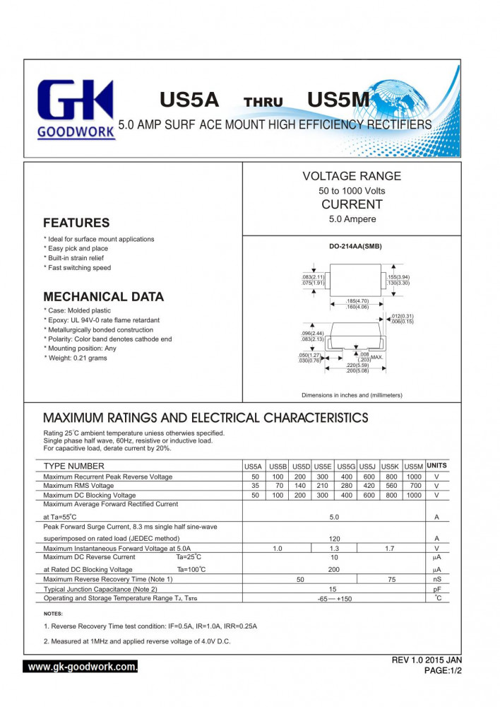 US5M-SMB datasheet page with specifications and mechanical data