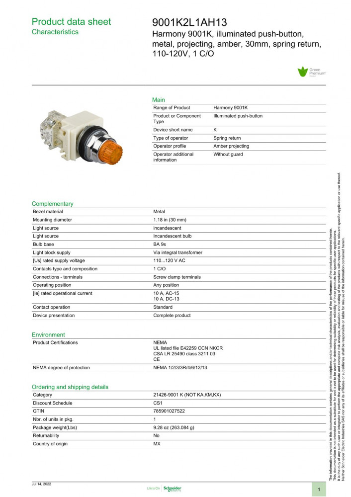 9001K2L1AH13 technical document page 1