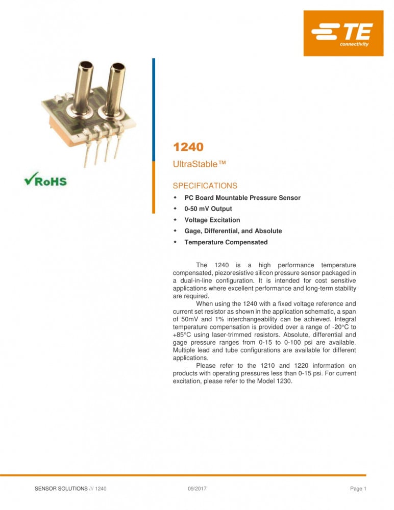 TE Connectivity 1240 pressure sensor datasheet page 1