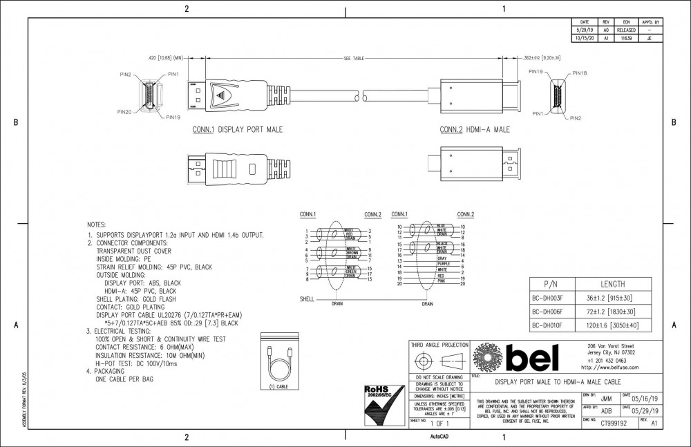 BC-DH003F DisplayPort male to HDMI-A male cable drawing