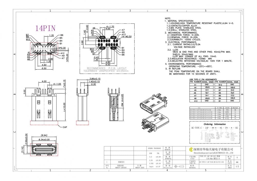 HCTL HC-TYPE-C-14P-VS10.0D-3A-F1.6-O-02 technical drawing page 1