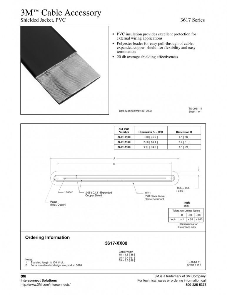 3M 3617 series technical sheet, product features and dimensions
