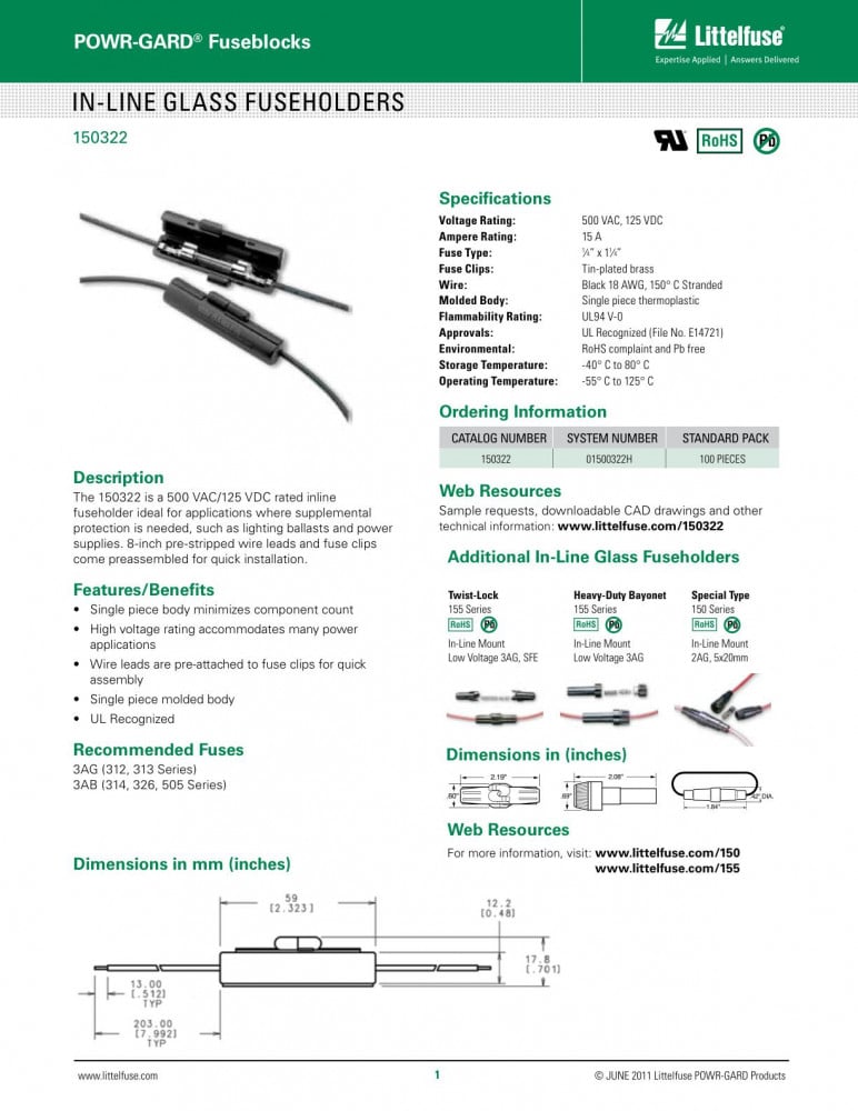 Littelfuse 150322 in-line glass fuseholder datasheet page