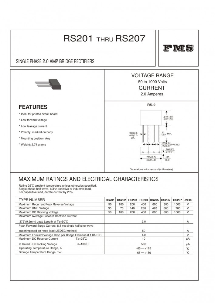 FMS RS201 bridge rectifier datasheet page 1