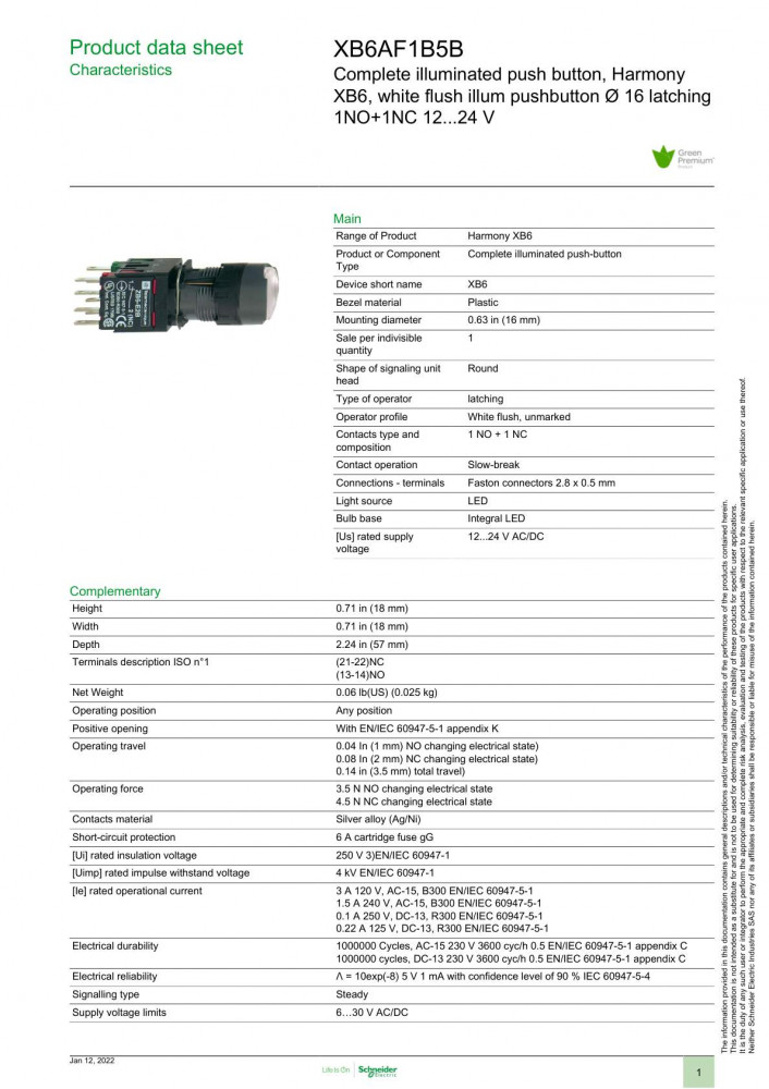 XB6AF1B5B technical document page 1