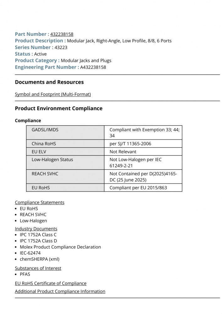 MOLEX 432238158 document image, page 1