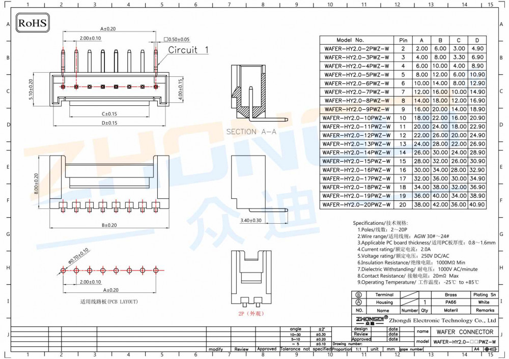 Zhongdi WAFER connector technical drawing