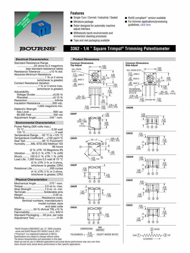 BOURNS 3362 series datasheet page 1
