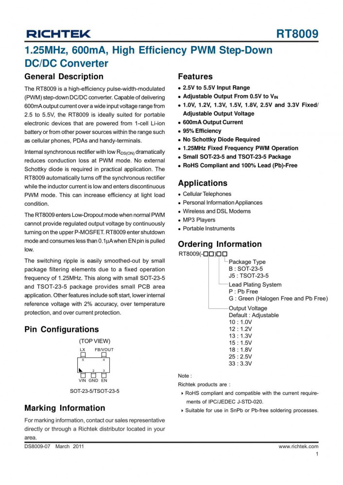RT8009 datasheet page 1