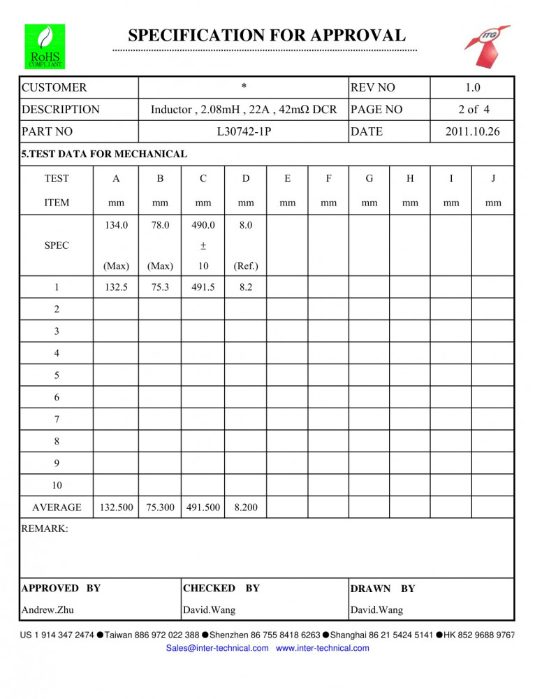 L30742-1P datasheet page 2, mechanical test data