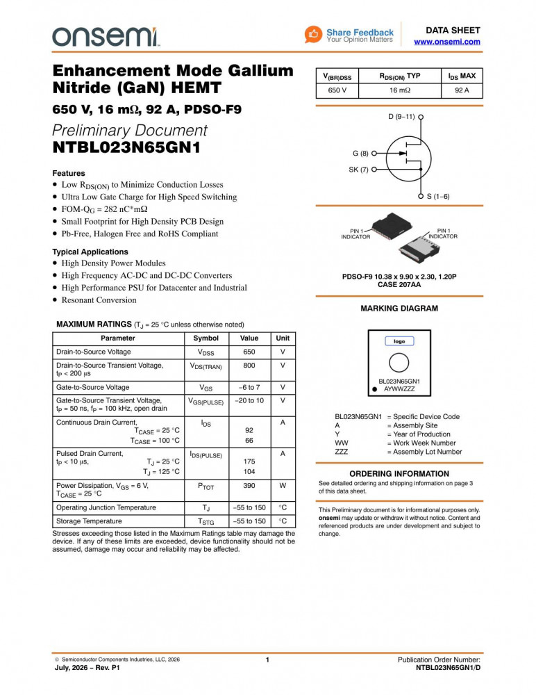 NTBL023N65GN1 technical document page 1