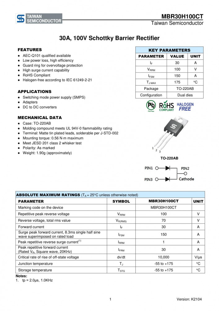 MBR30H100CT technical document page 1