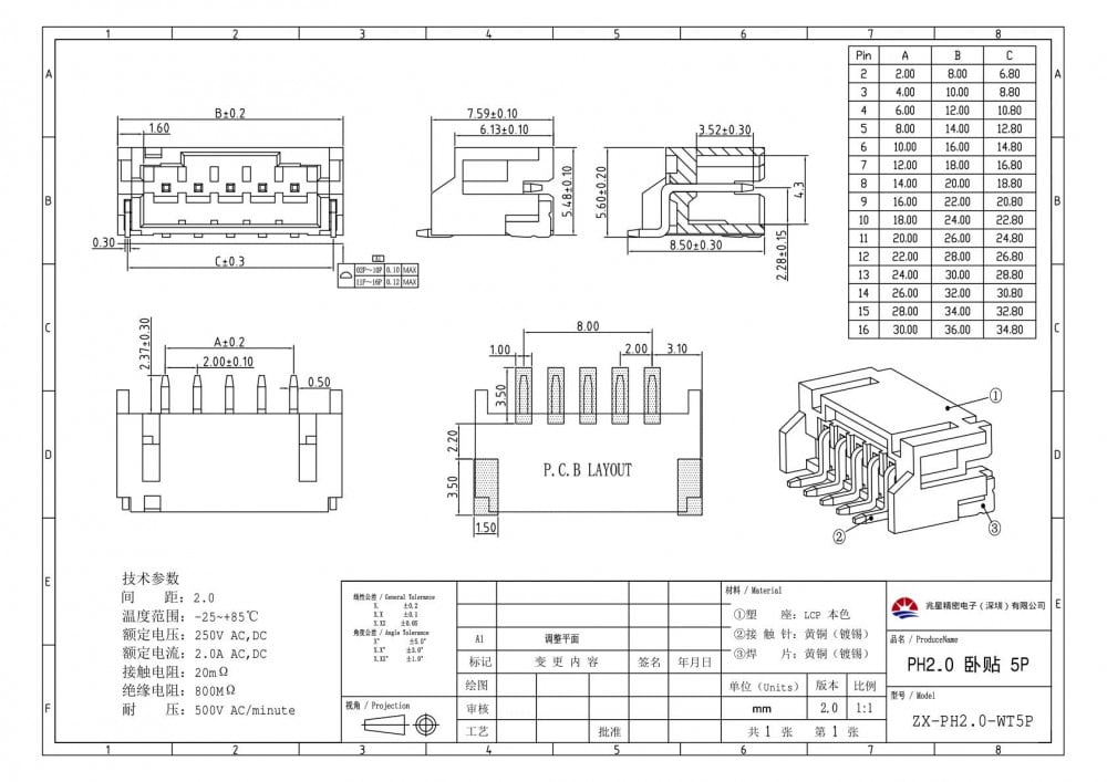 Megastar ZX-PH2.0-WT5P product drawing
