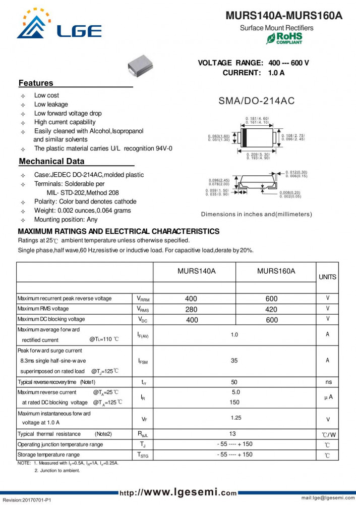 MURS160A datasheet page 1