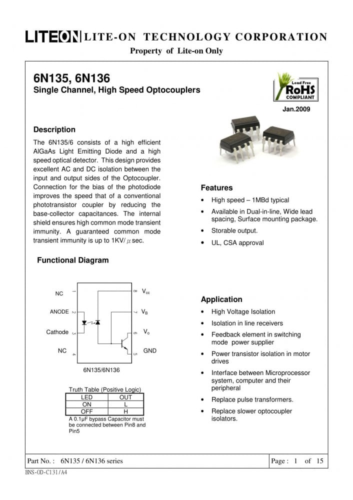 6N136 series datasheet page 1