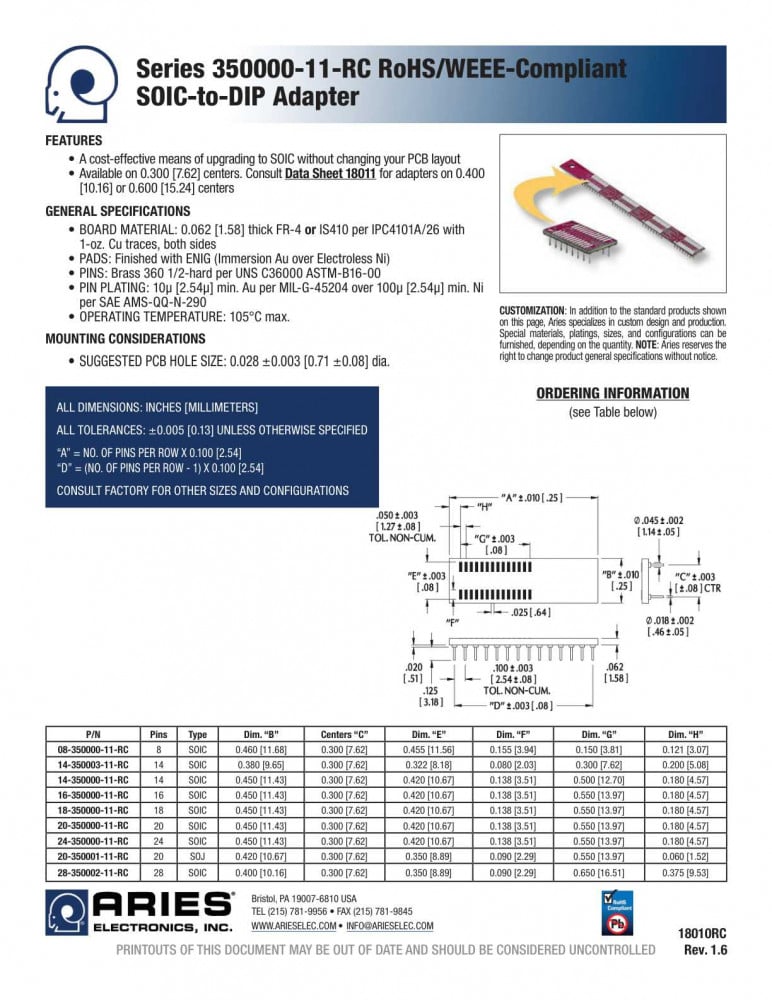 Aries Electronics Series 350000-11-RC technical drawing and ordering table