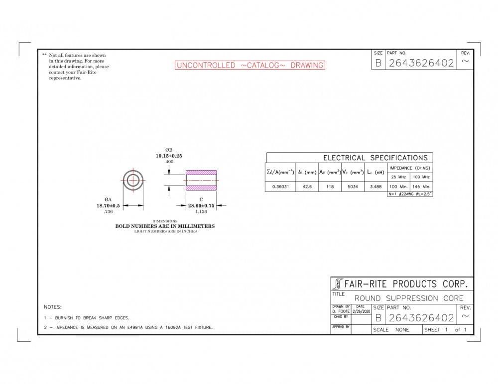 Fair-Rite 2643626402 technical drawing