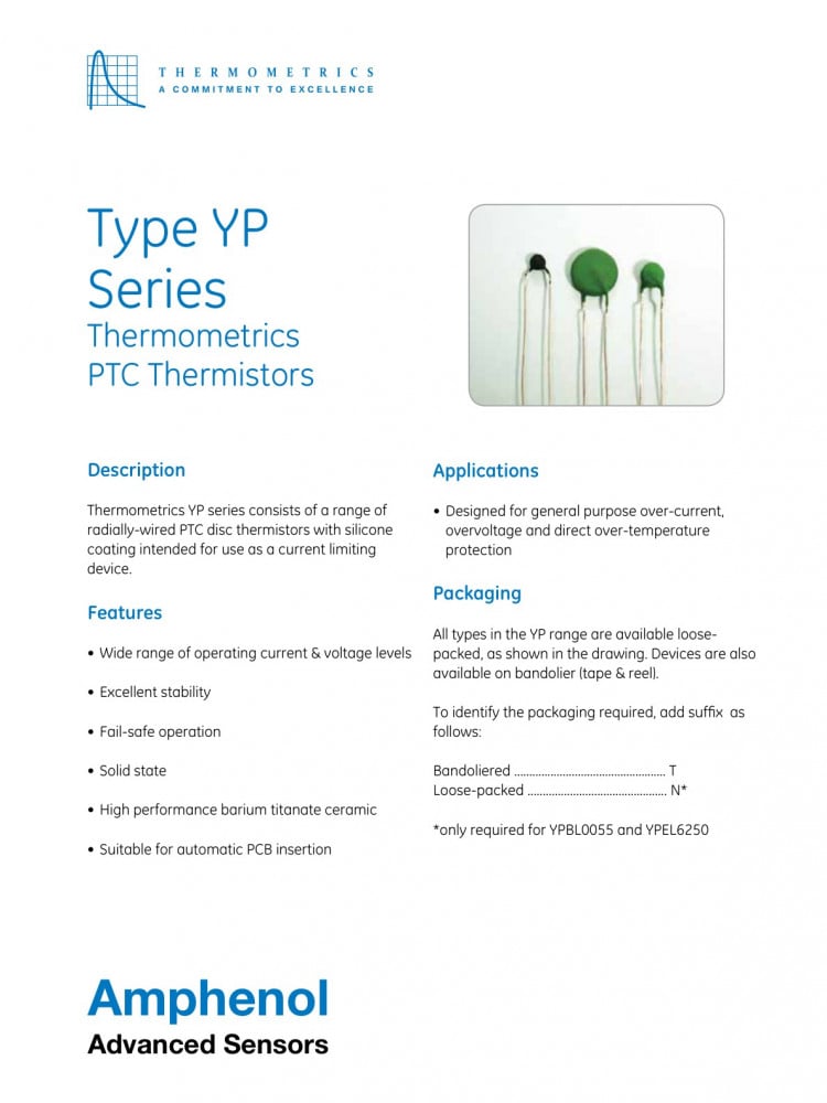 YP Series Thermometrics PTC Thermistors technical document page 1
