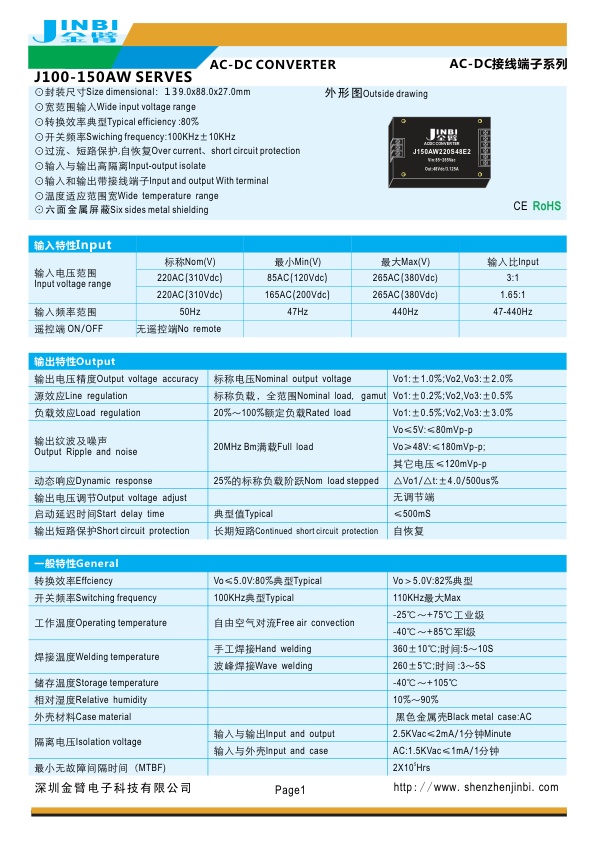 J150AW series AC-DC converter technical document page 1