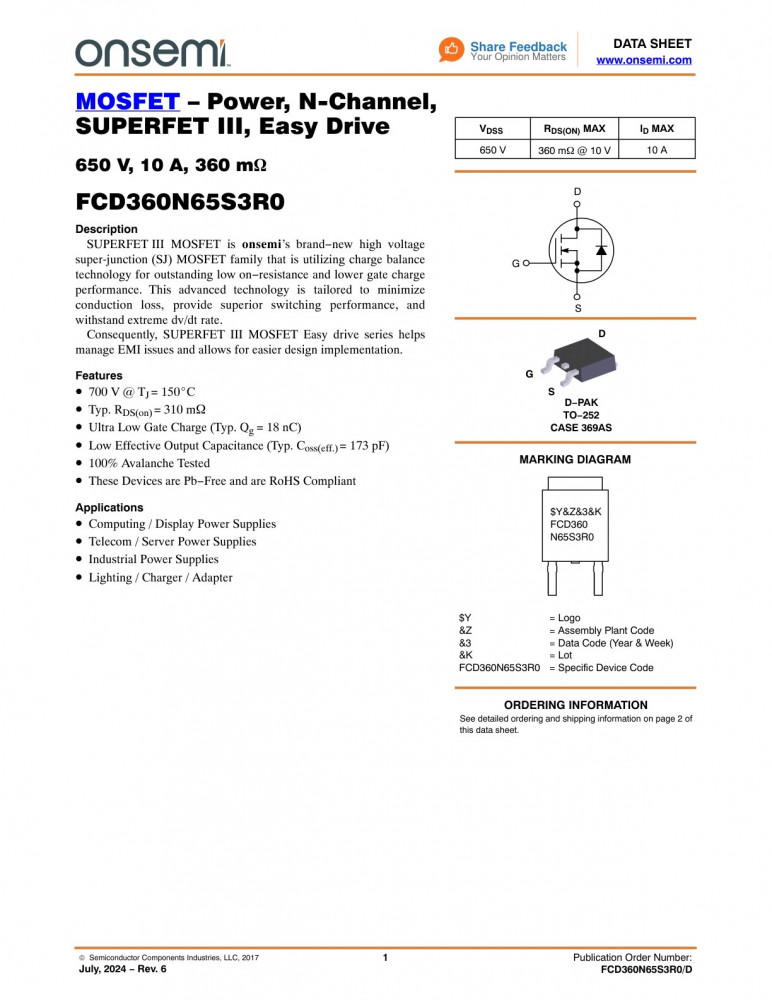 FCD360N65S3R0 datasheet preview, page 1