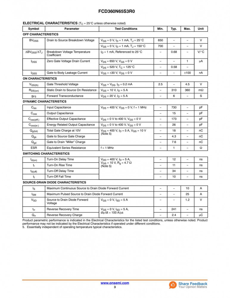 FCD360N65S3R0 datasheet preview, page 3