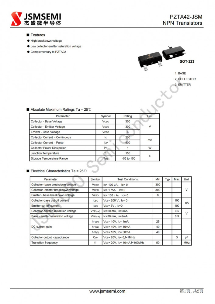 PZTA42-JSM datasheet page 1