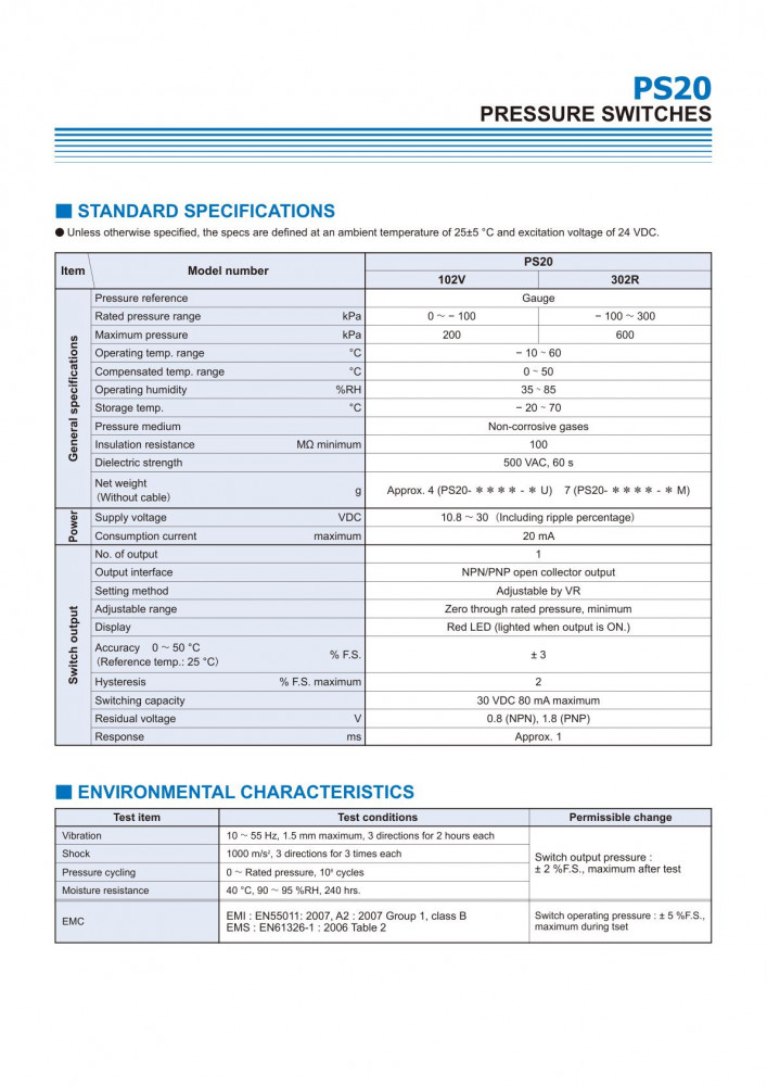 Nidec PS20 pressure transducer datasheet page 2