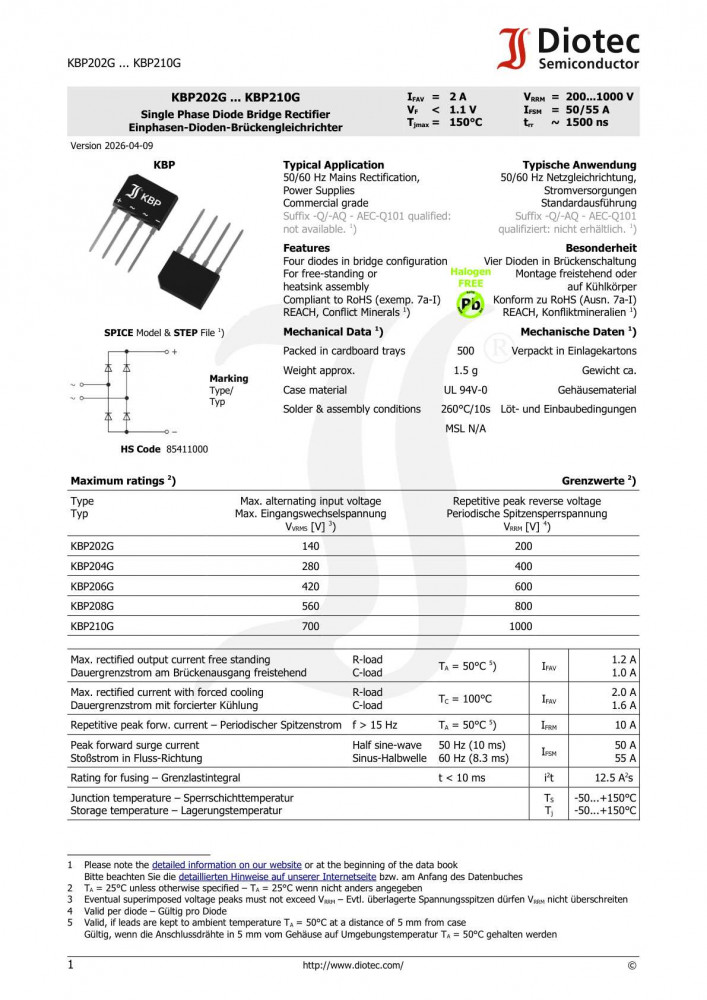 DIOTEC KBP series datasheet page 1