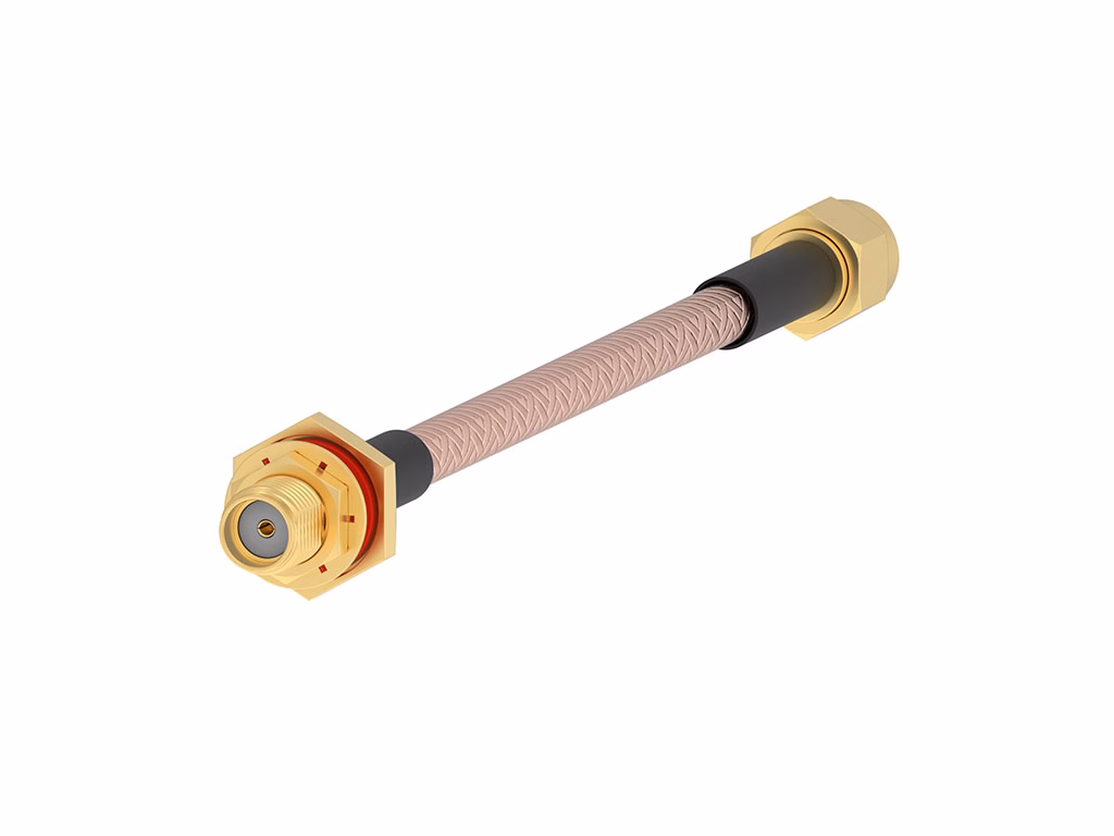 SMA Straight Bulkhead Jack to MCRF Right-Angle Plug on 1.13mm Cable, 60.00mm Length, 50 Ohms
