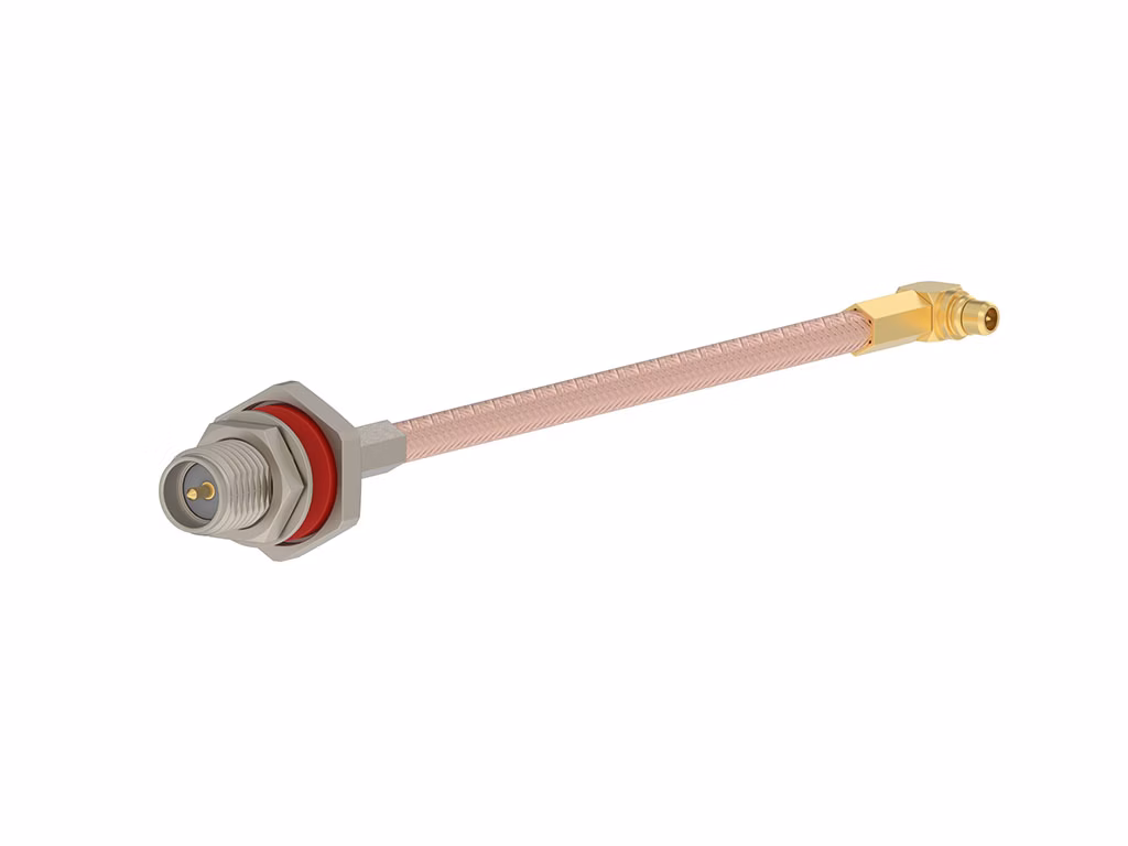 MCX Right-Angle Plug to FAKRA SMB Jack Bulkhead Keying Code D Bordeaux Violet on RG-316 Cable, 90.00mm Length, 50 Ohms