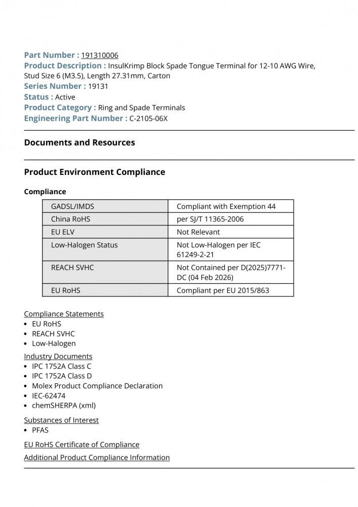 MOLEX 191310006 document image, page 1