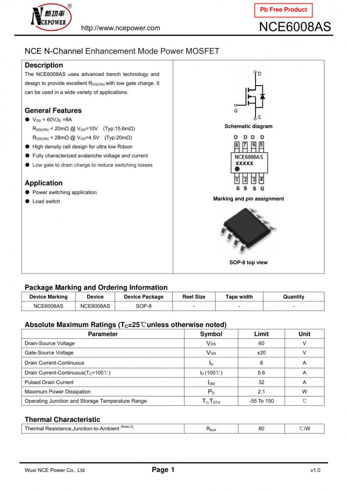 NCE6008AS datasheet page 1