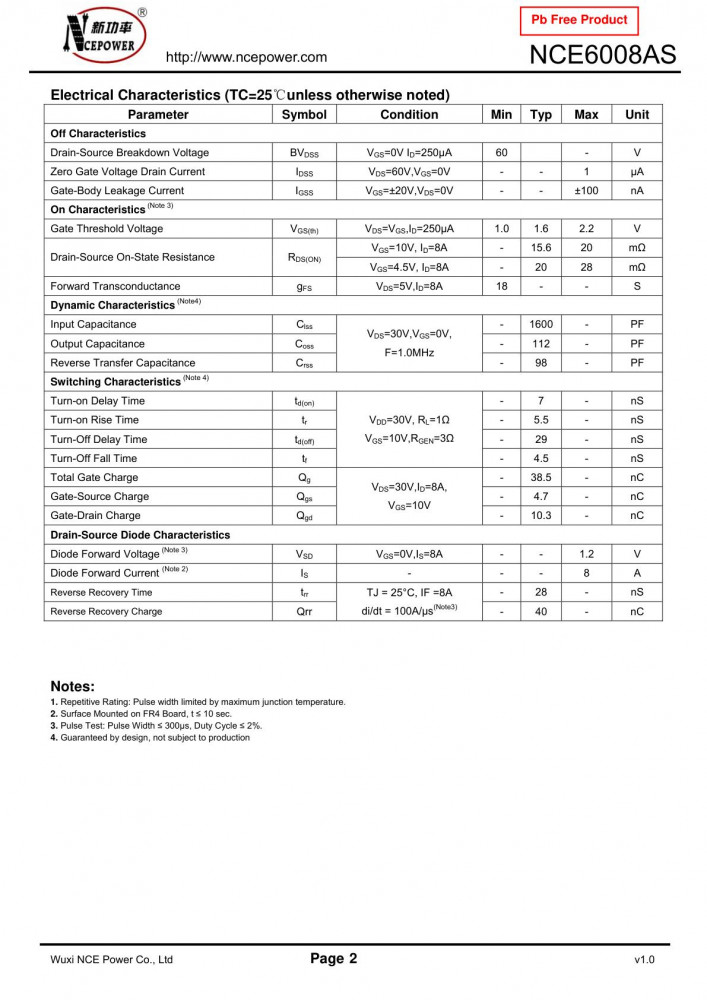 NCE6008AS datasheet page 2