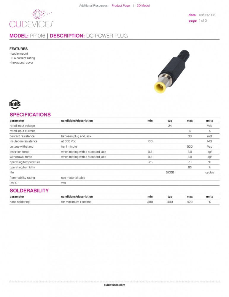 CUI PP-016 datasheet page 1