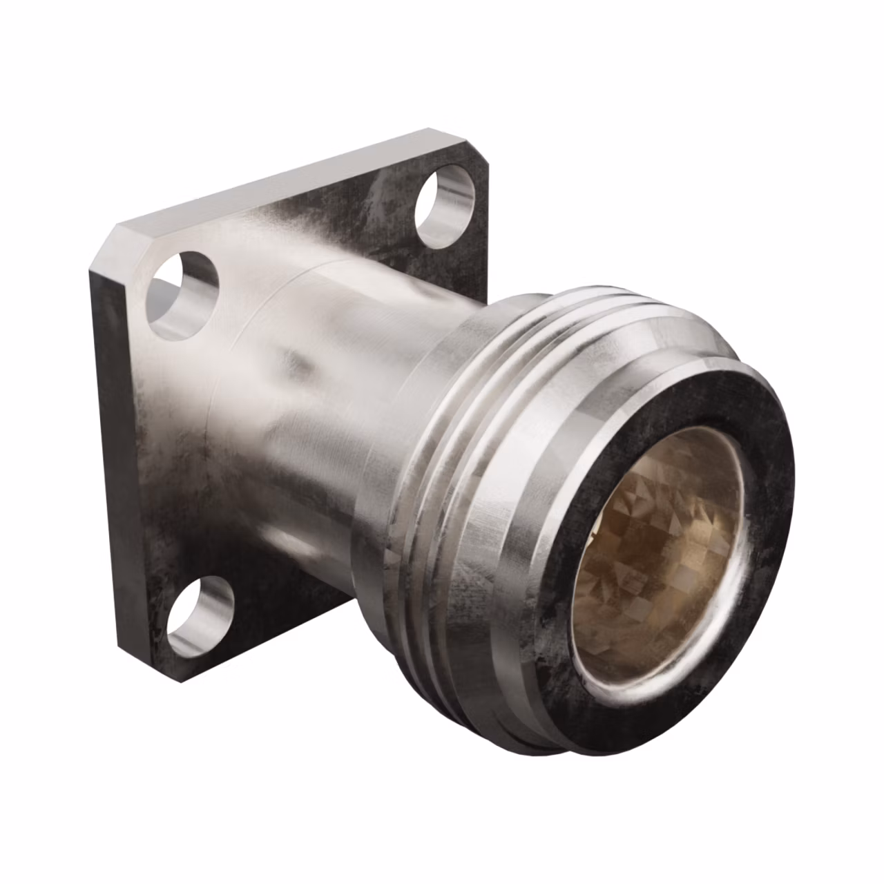 N Jack, Straight, 4-Hole Flange Mount, Receptacle, Brass Body, Nickel (Ni) Plated, Candlestick Contact, 11.00mm Length, Tray, 50 Ohms for sale