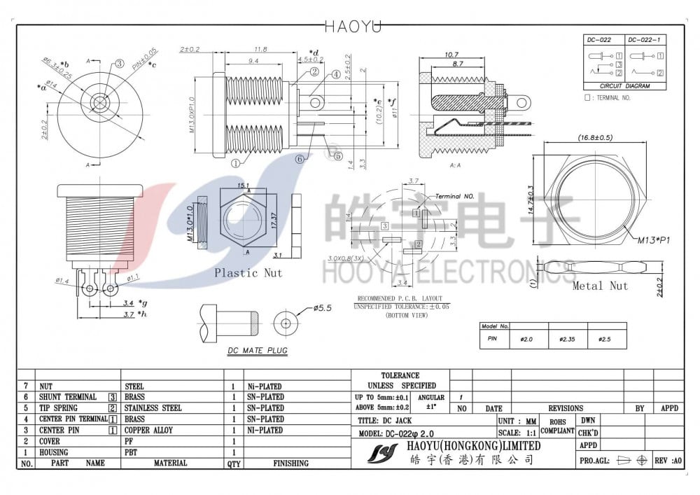 HOOYA DC-022Φ2.0 DC jack technical drawing