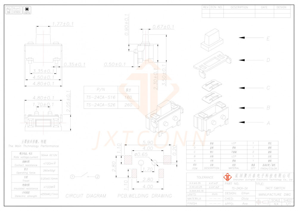 JXTCONN TS-24CA-S26 technical drawing