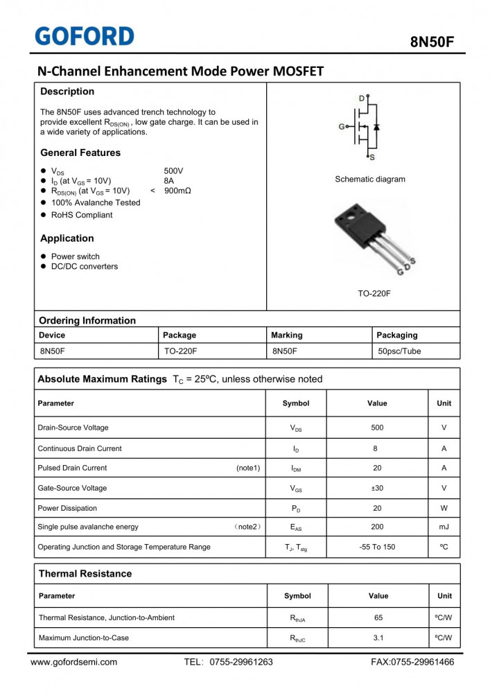 8N50F datasheet page 1