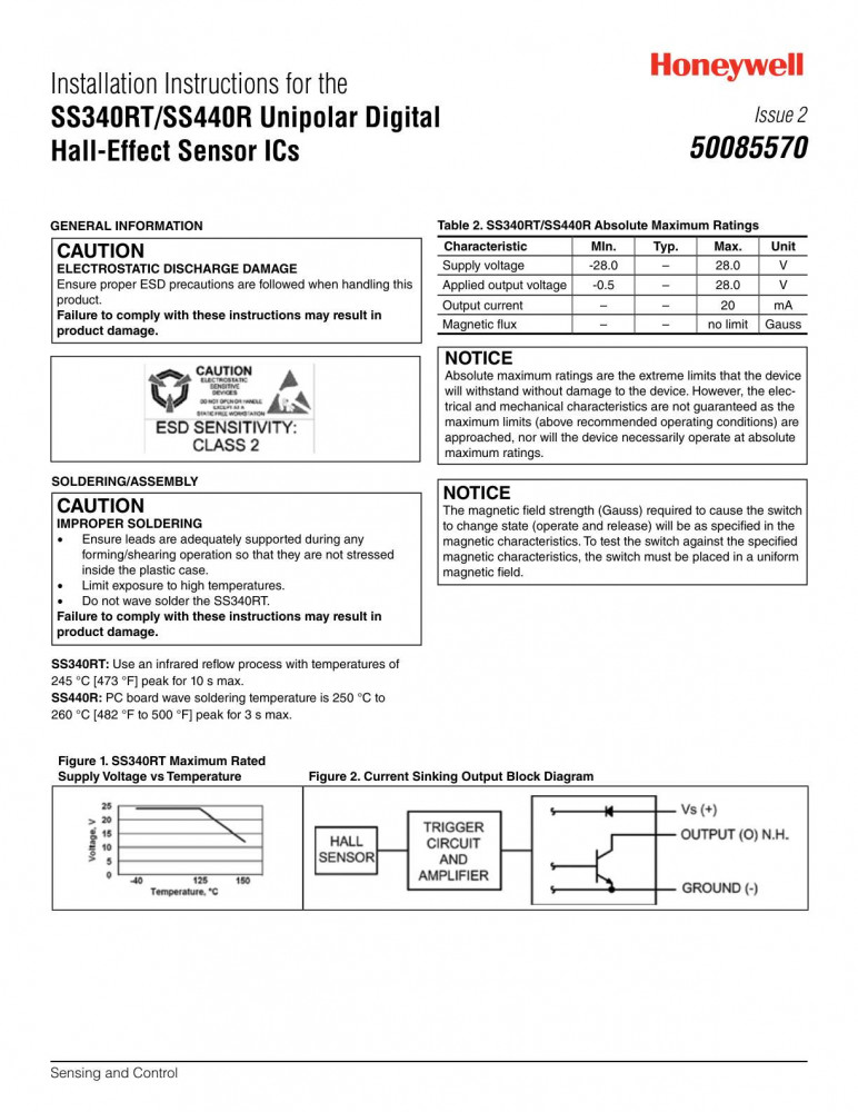 Honeywell SS343RT installation document page 1