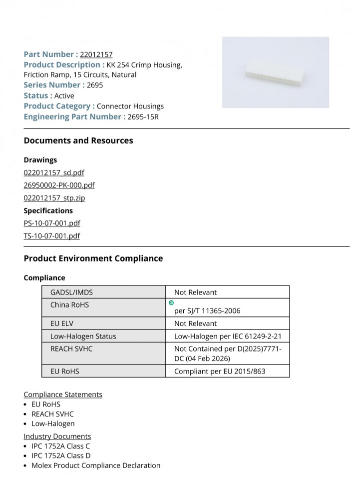 MOLEX 22012157 technical document preview, page 1