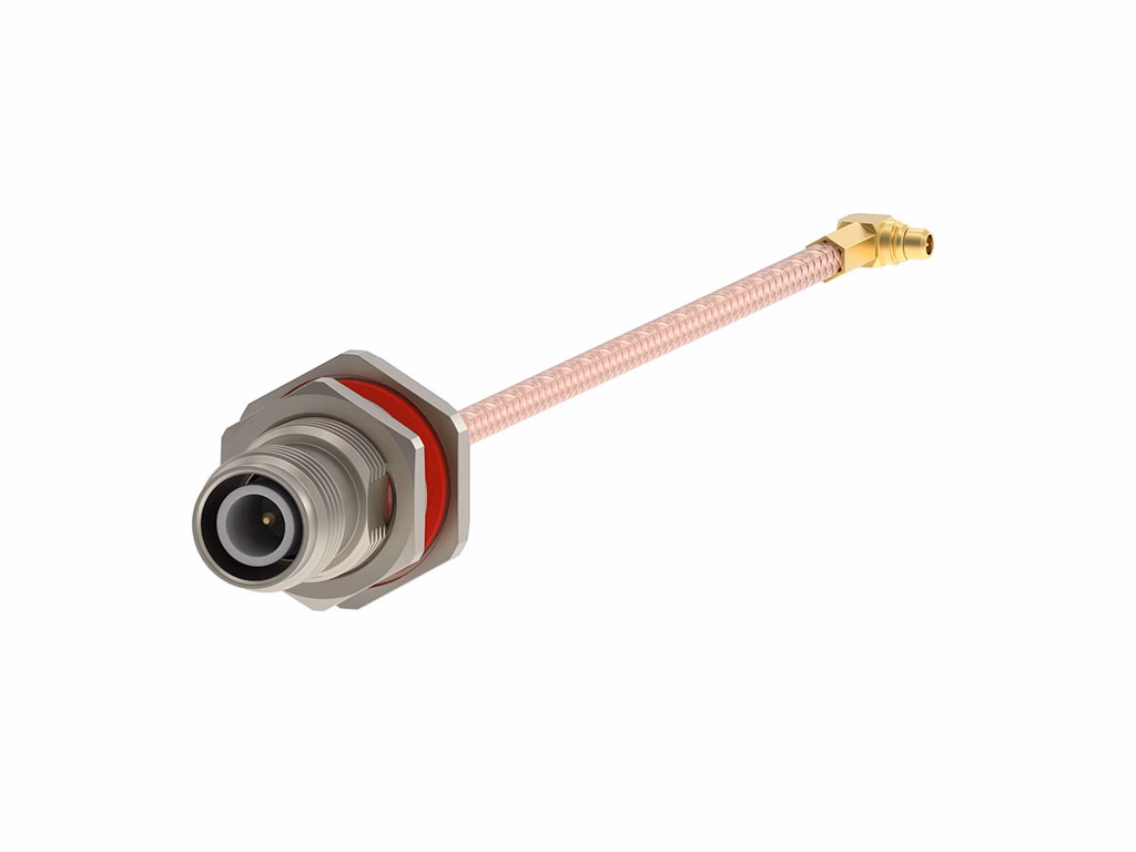 MCX Right-Angle Plug to FAKRA SMB Jack Bulkhead Keying Code D Bordeaux Violet on RG-316 Cable, 90.00mm Length, 50 Ohms
