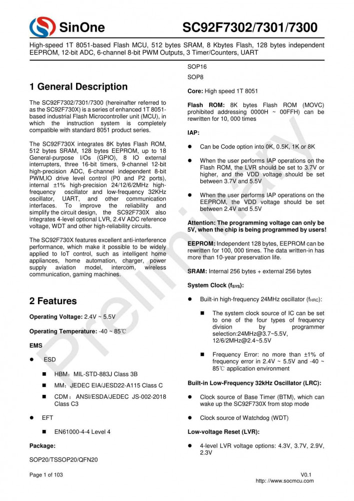 SC92F7301 technical document page 1