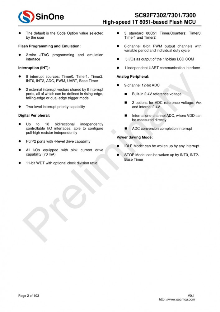 SC92F7301 technical document page 2