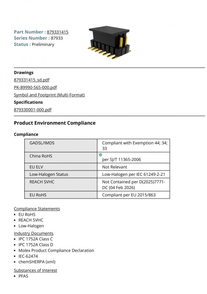 MOLEX 879331415 technical document page 1