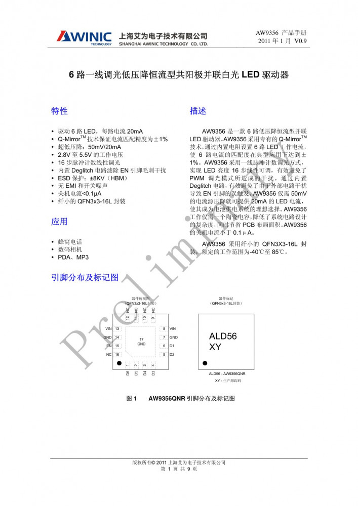 AW9356QNR datasheet page 1