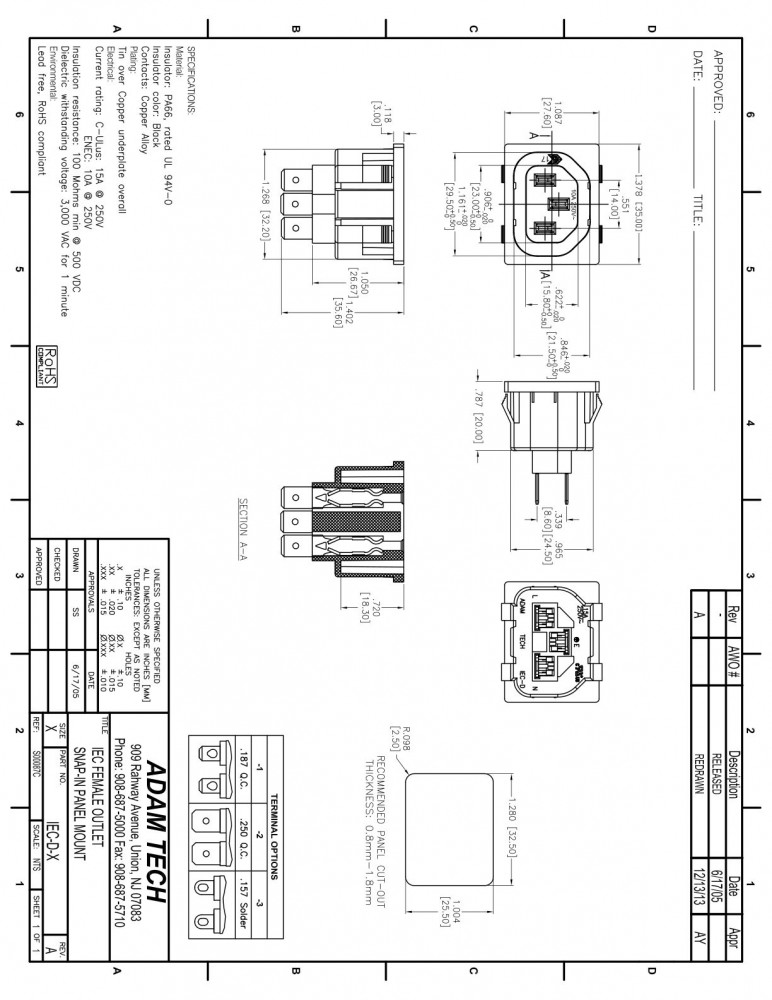 ADAM TECH IEC-D-3 IEC female outlet product drawing