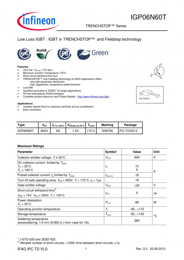 IGP06N60T technical document page 1