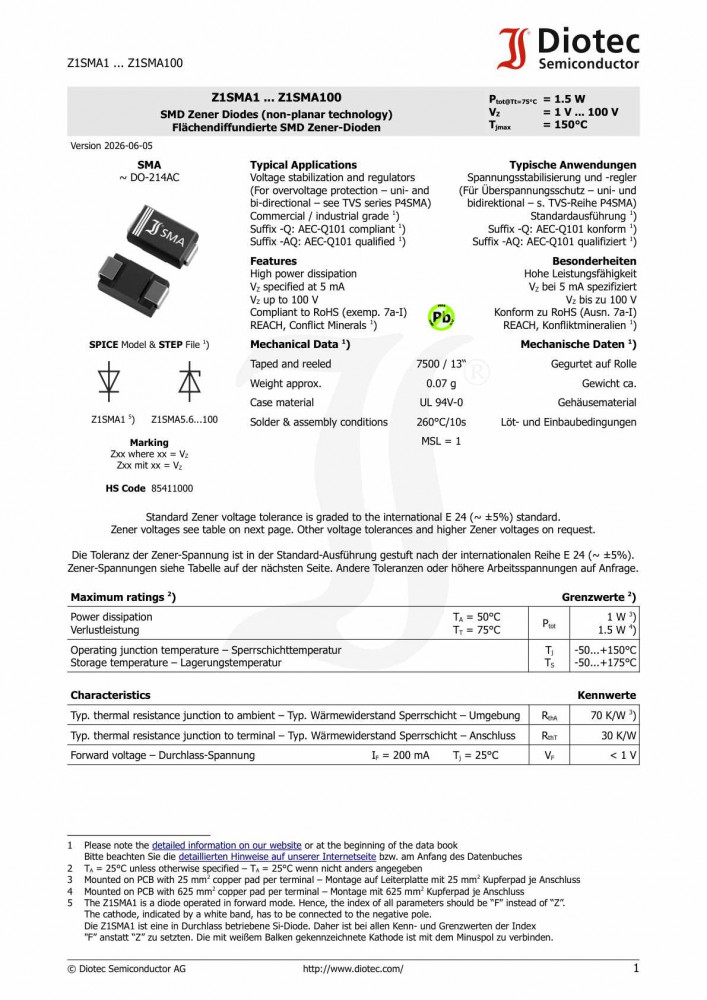 DIOTEC Z1SMA series datasheet page 1